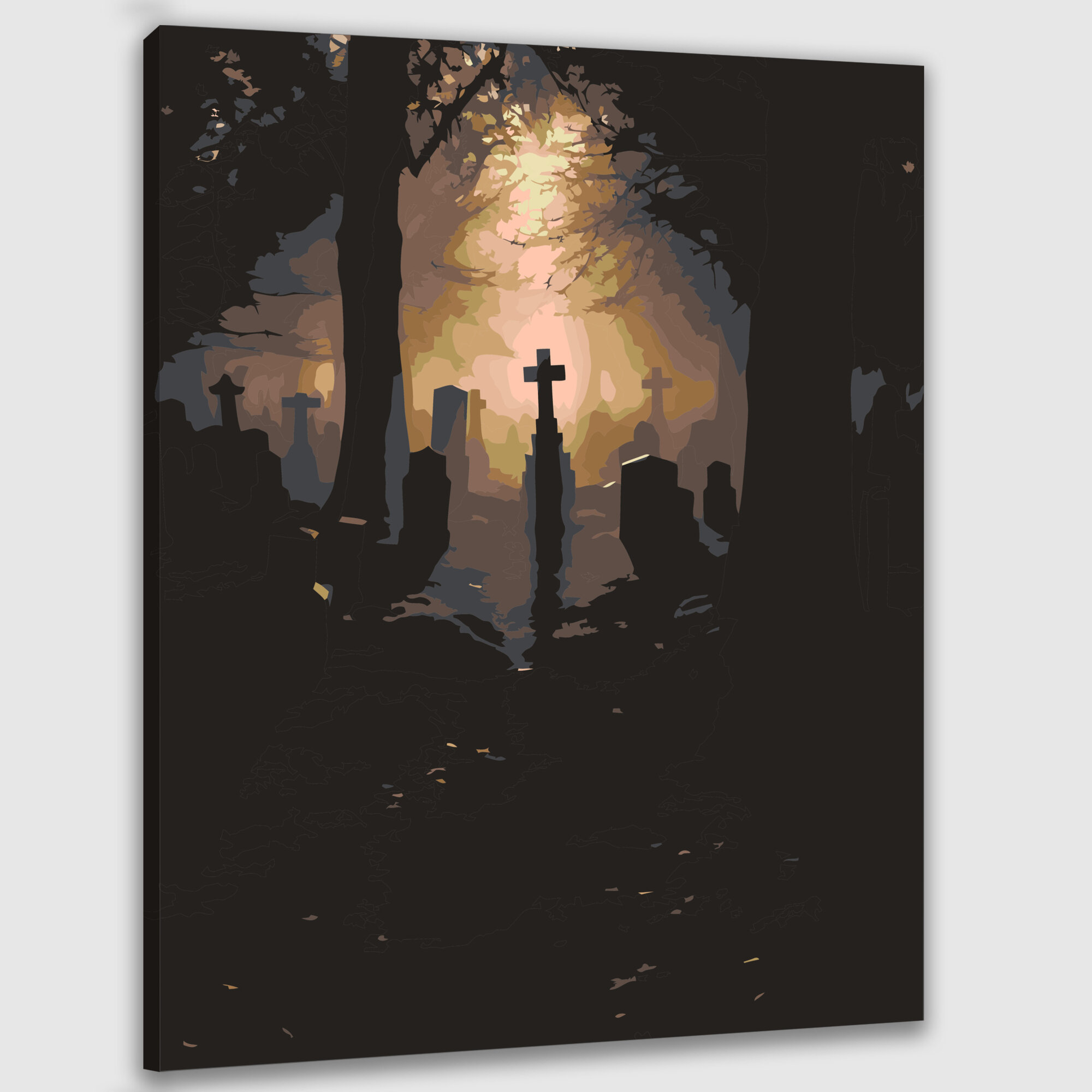 Картина по номерам 40x50 см, туман, кладбище, надгробия, тени, свет фонаря, силуэты, неизвестность, предвкушение