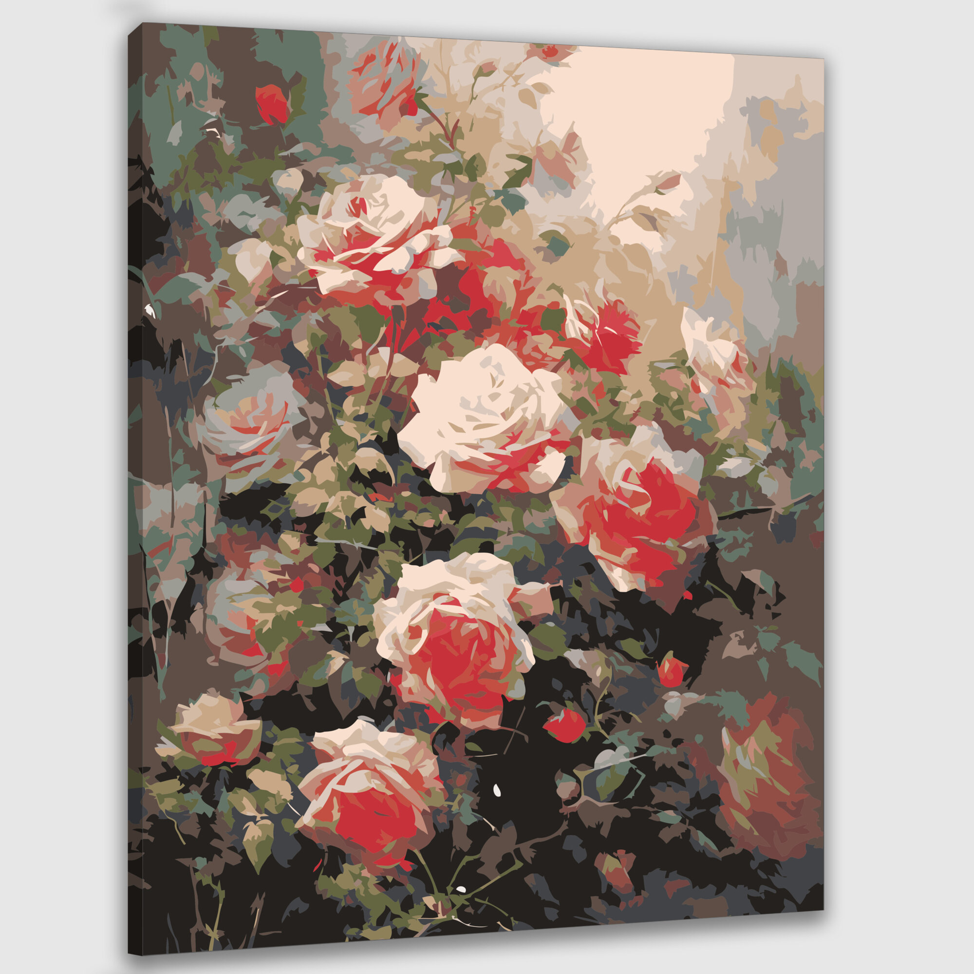 Картина по номерам 40x50 см, яркая картина маслом, розы, забытый сад, цветы, оттенки красного, розового, белого, листва