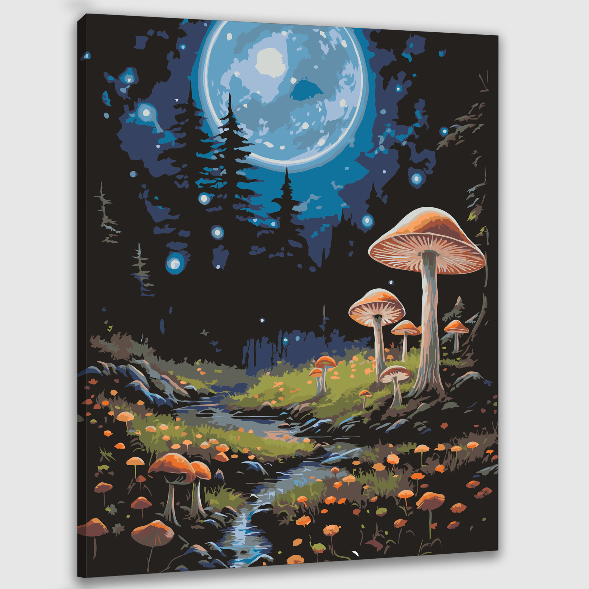 Картина по номерам 40x50 см, картина маслом, ночное небо, звезды, луна, поле, светящиеся грибы, яркие цвета, темнота
