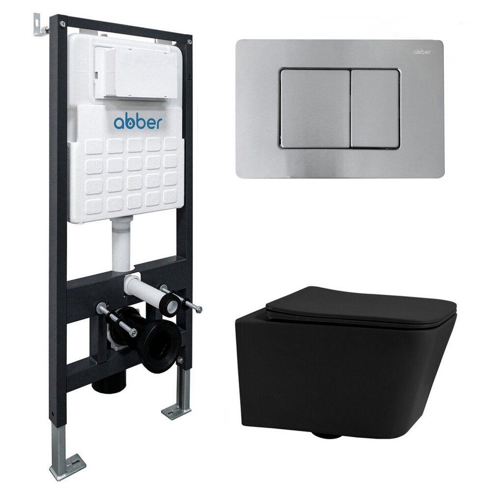 Комплект подвесной унитаз ABBER Rechteck AC1201MB черный матовый с инсталляцией AC0105 и кнопкой AC0120MCH хром матовый