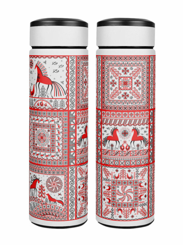 Термос «Девять мотивов мезенской росписи.» (белый)