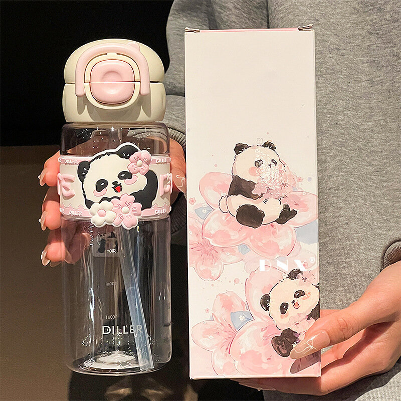 Пластиковый стаканчик Sakura panda Tritan, детский переносной двойной стаканчик для питья, переносной высококачественный милый стаканчик для воды из соломы для студентов
