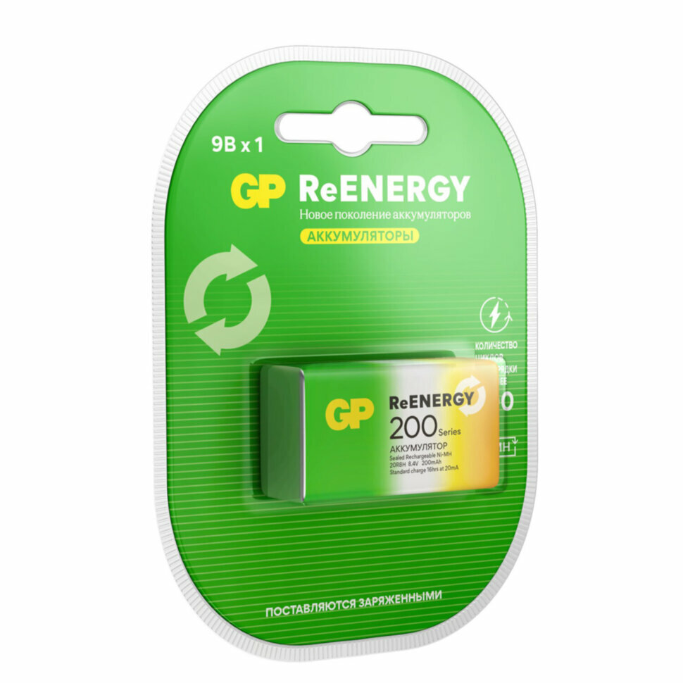 Батарейка аккумуляторная GP ReEnergy Ni-Mh 1 шт, "Крона" (20R8H 9V), 200 mAh, 20R8HRGY-2CRCB1, 458458