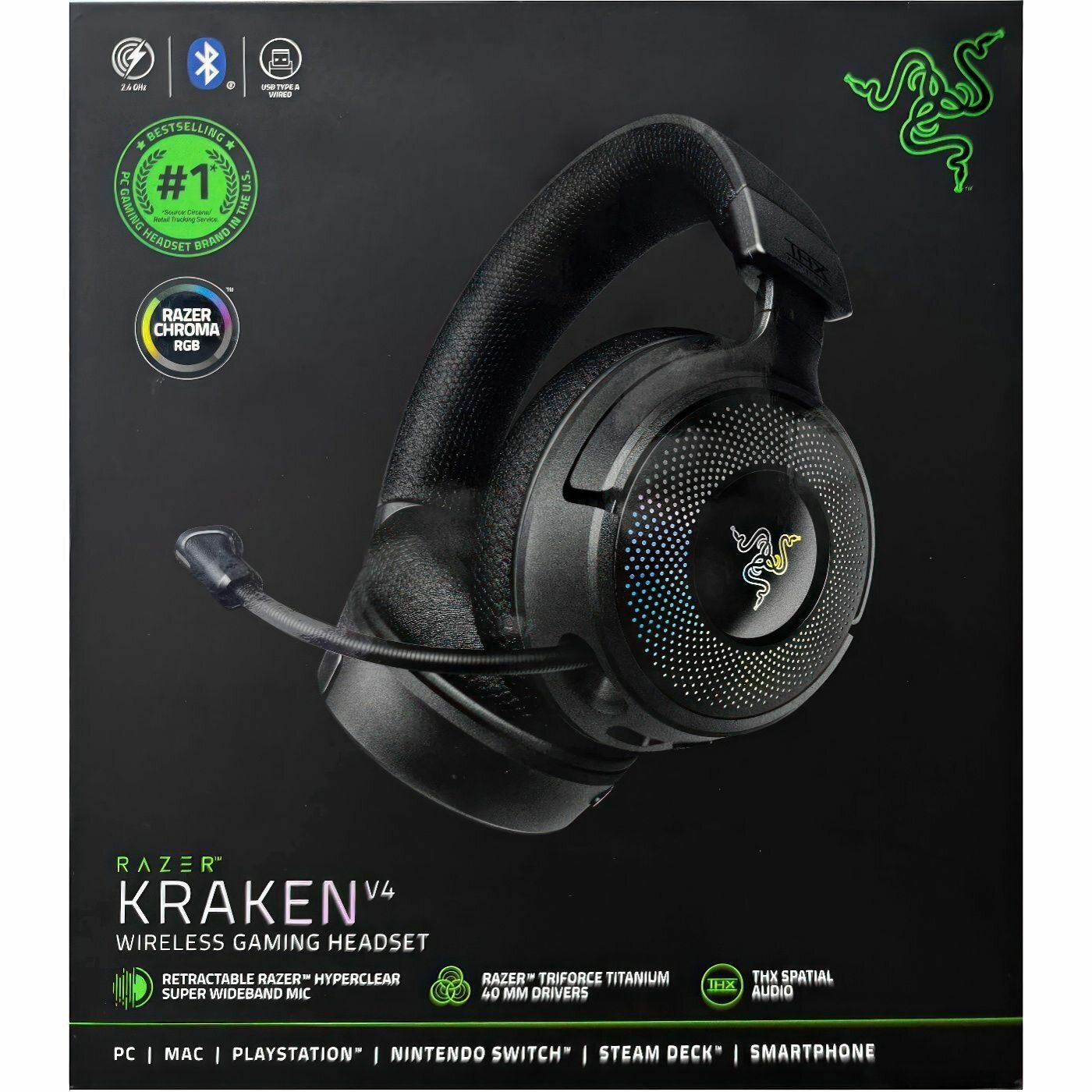 Наушники беспроводные/проводные Razer Kraken V4 gaming headset RZ04-05170100-R3M1, 180 см, USB Type C, черные