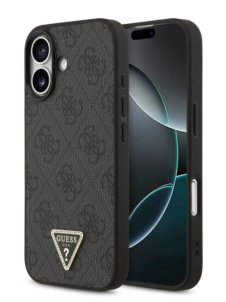 Guess чехол с MagSafe для iPhone 17, PU кожа 4G Triangle Diamond metal logo, черный