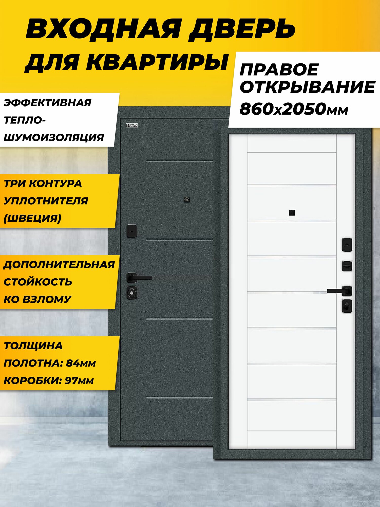 Входная дверь металлическая для квартиры Техно/SBlack Старк антрацит/White Silk правая 2050*860