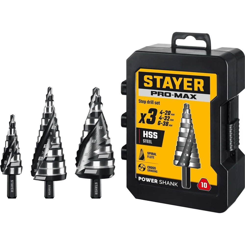 STAYER Pro-Max Набор сверл ступенчатых 3 шт, 4-38мм, винтовая спираль 29661-4-38-H3