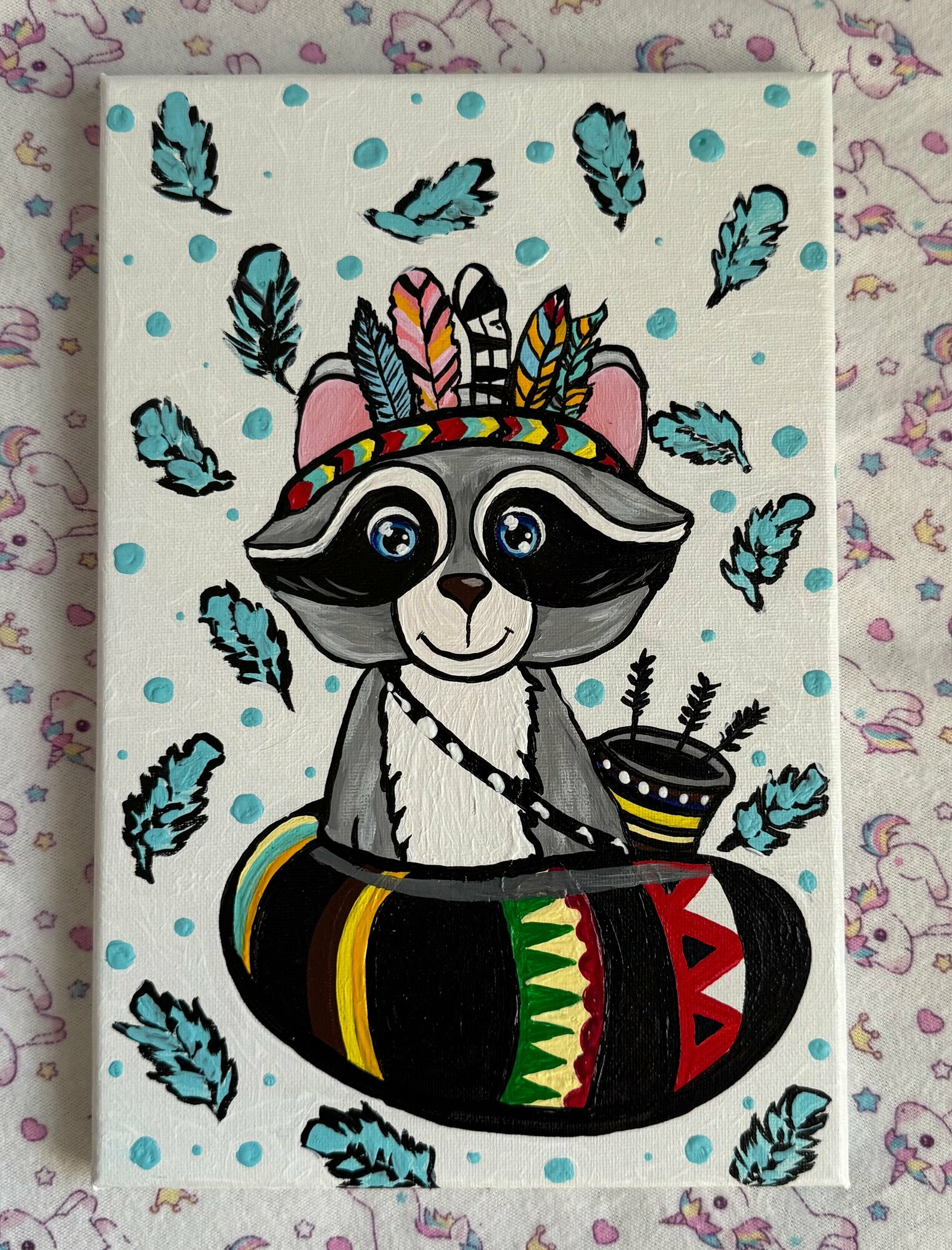 Картина на холсте с подрамником "Енот-индеец", 30х40 см, для детской комнаты