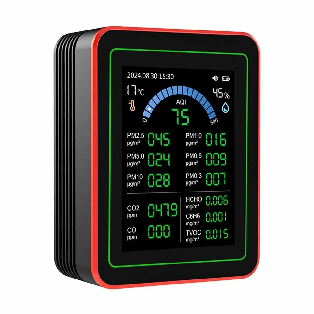 Счетчик качества воздуха Измеритель качества воздуха 18 в 1 CO2 TVOC HCHO PM2.5 PM10 тестер температуры и влажности для помещений с питанием от батареи для хранения данных черный