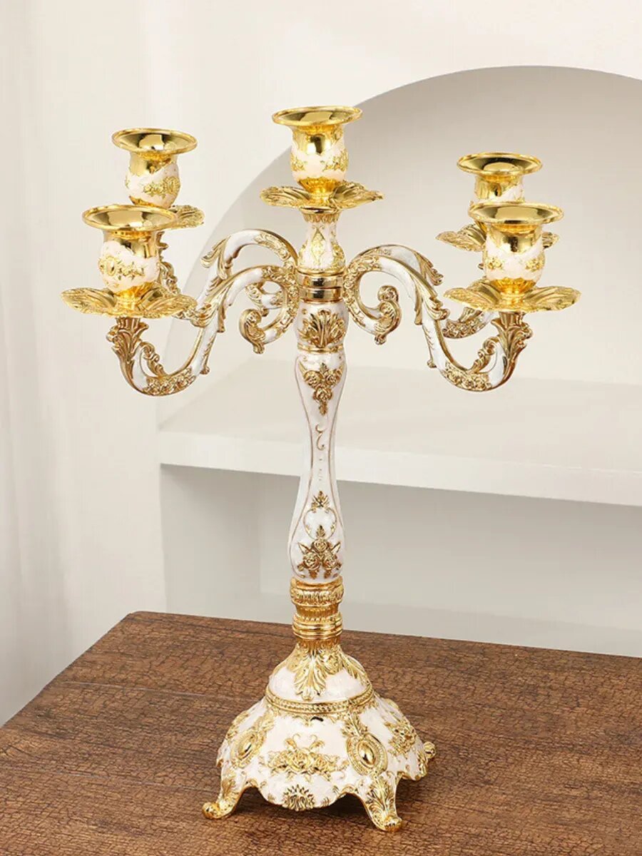 Подсвечник интерьерный классический канделябр перламутр и позолота, на 5 свечей, 44 см