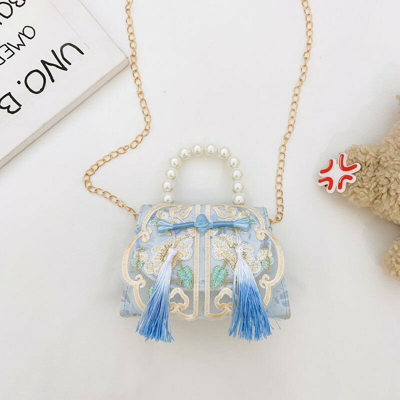 Детская сумка через плечо принцесса милая с жемчужными украшениями для ежедневного использования голубой