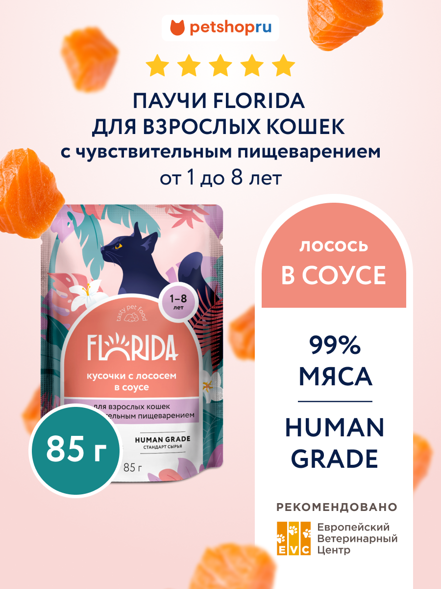 FLORIDA Паучи для взрослых кошек с чувствительным пищеварением: кусочки с лососем в соусе, 85 г Влажный корм