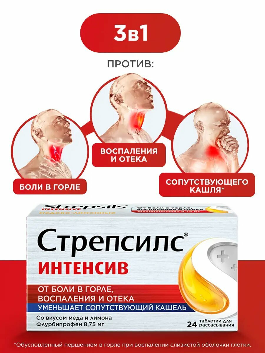 Стрепсилс Интенсив, таблетки для рассасывания (мед-лимон), 24 шт.