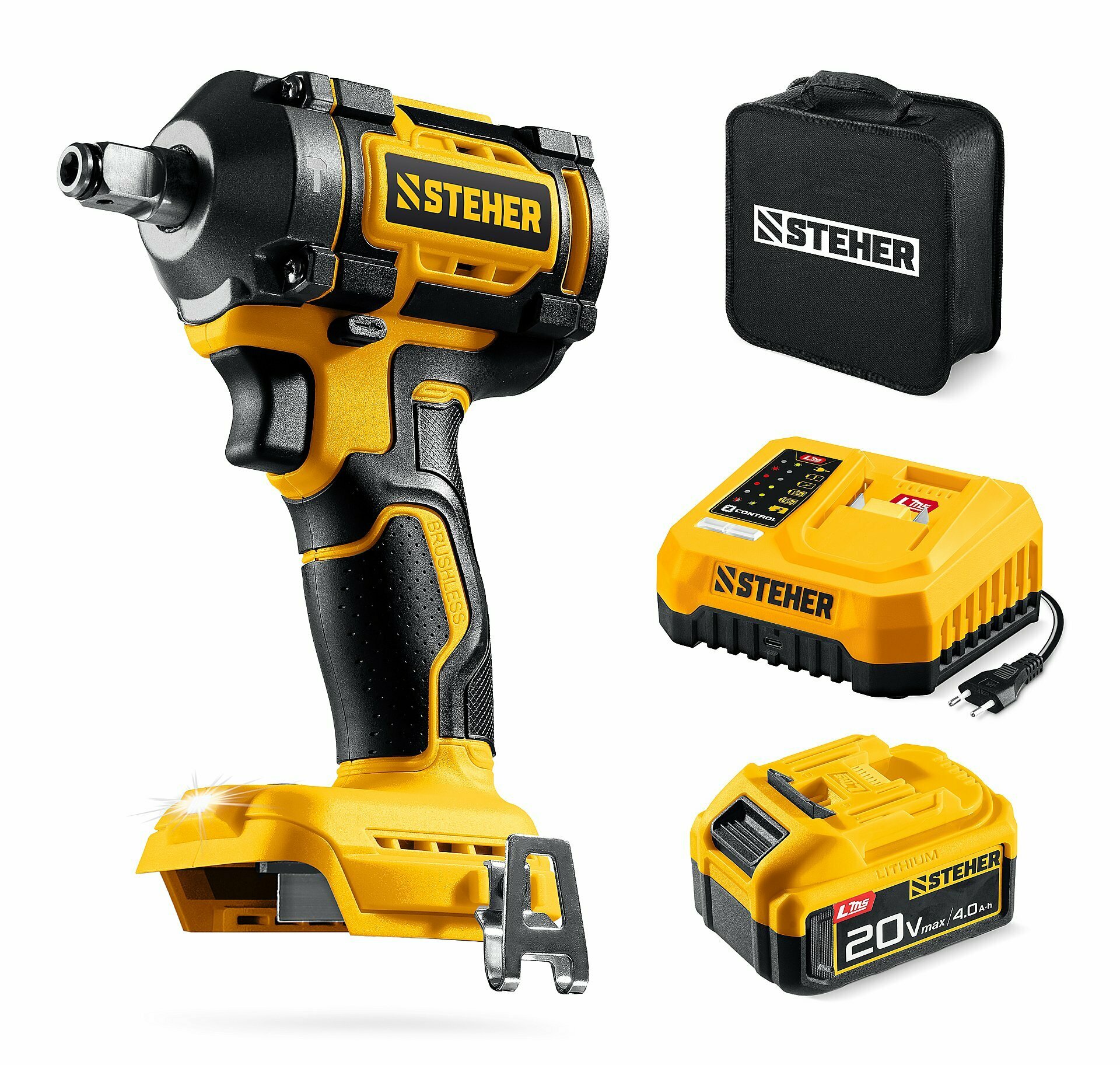 STEHER 20 В, 350 Н·м, 1 АКБ LMS (4 А·ч), бесщеточный ударный гайковерт, сумка (CWB-350-41)