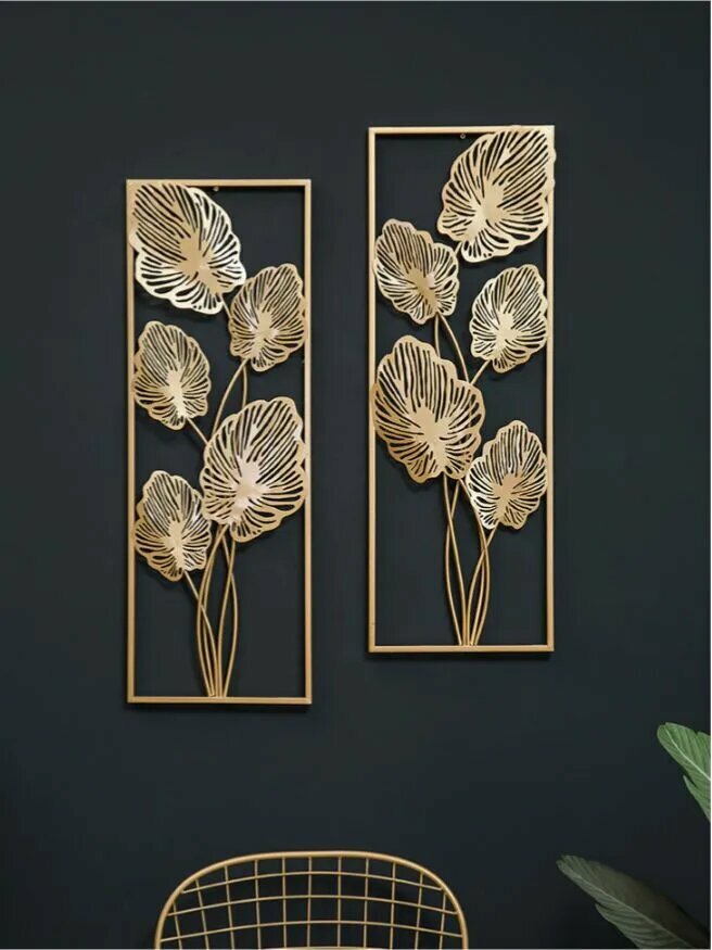 Панно на стену из металла 30*85см, Декор для дома золотые листья 2 шт