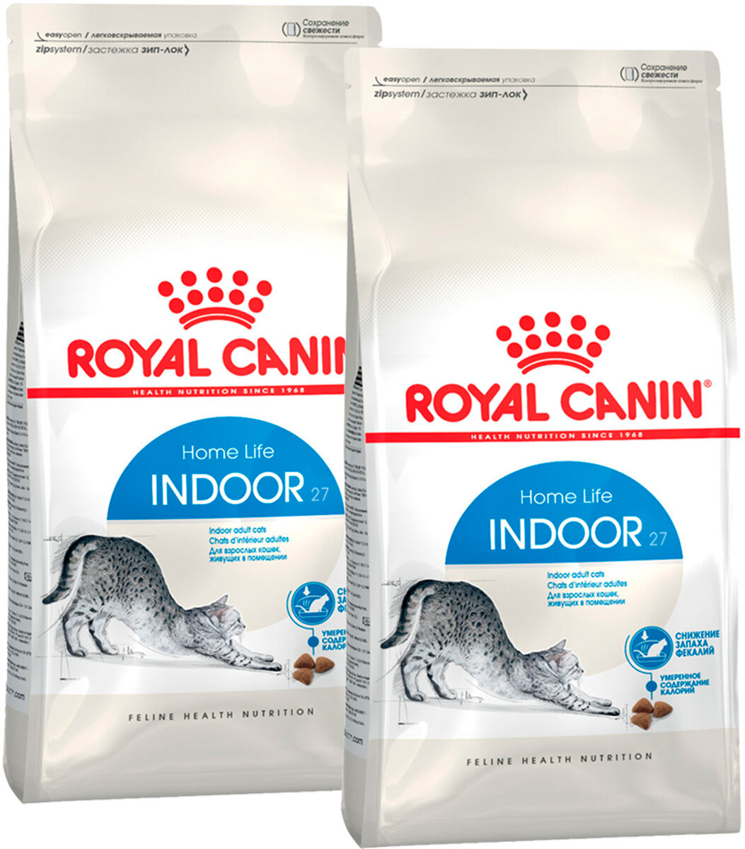 Корм сухой Royal Canin Indoor 27 для взрослых кошек живущих дома, 2 кг х 2 шт