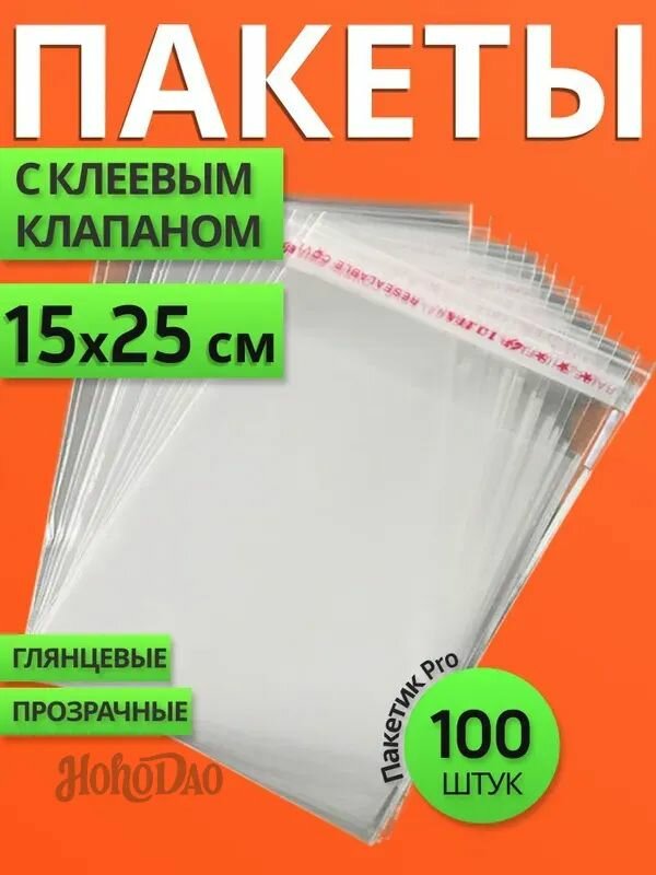 15х25 см упаковочные, фасовочные пакеты бопп с клеевым клапаном, 100 шт, Пакетик Pro