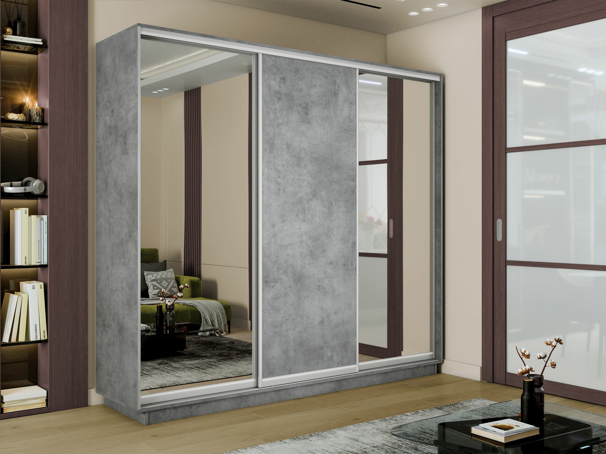 Шкаф купе Вилли 3-х дверный ЛДСП, (2-зеркала/ДСП) , профиль серебро 180 см х 240 см х 45 см (Бетон)