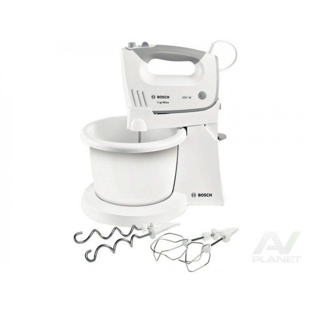 Миксер Bosch MFQ 36460, стационарный, белый, 5 скоростей, 450 Вт, венчики и крюки для теста, пластиковая чаша