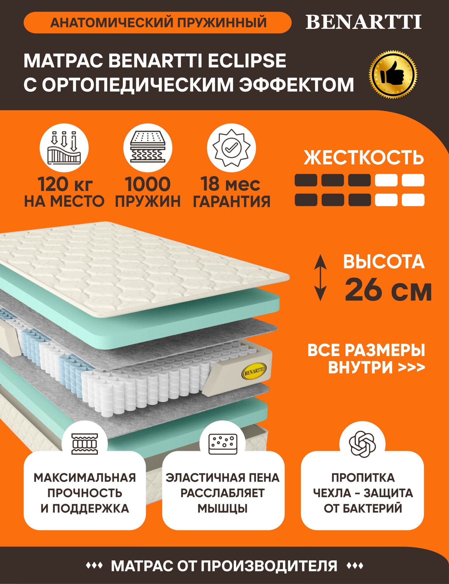 Матрас Benartti Eclipse 140х185 серии Lux высота 26 см анатомический средней жесткости Независимые пружины