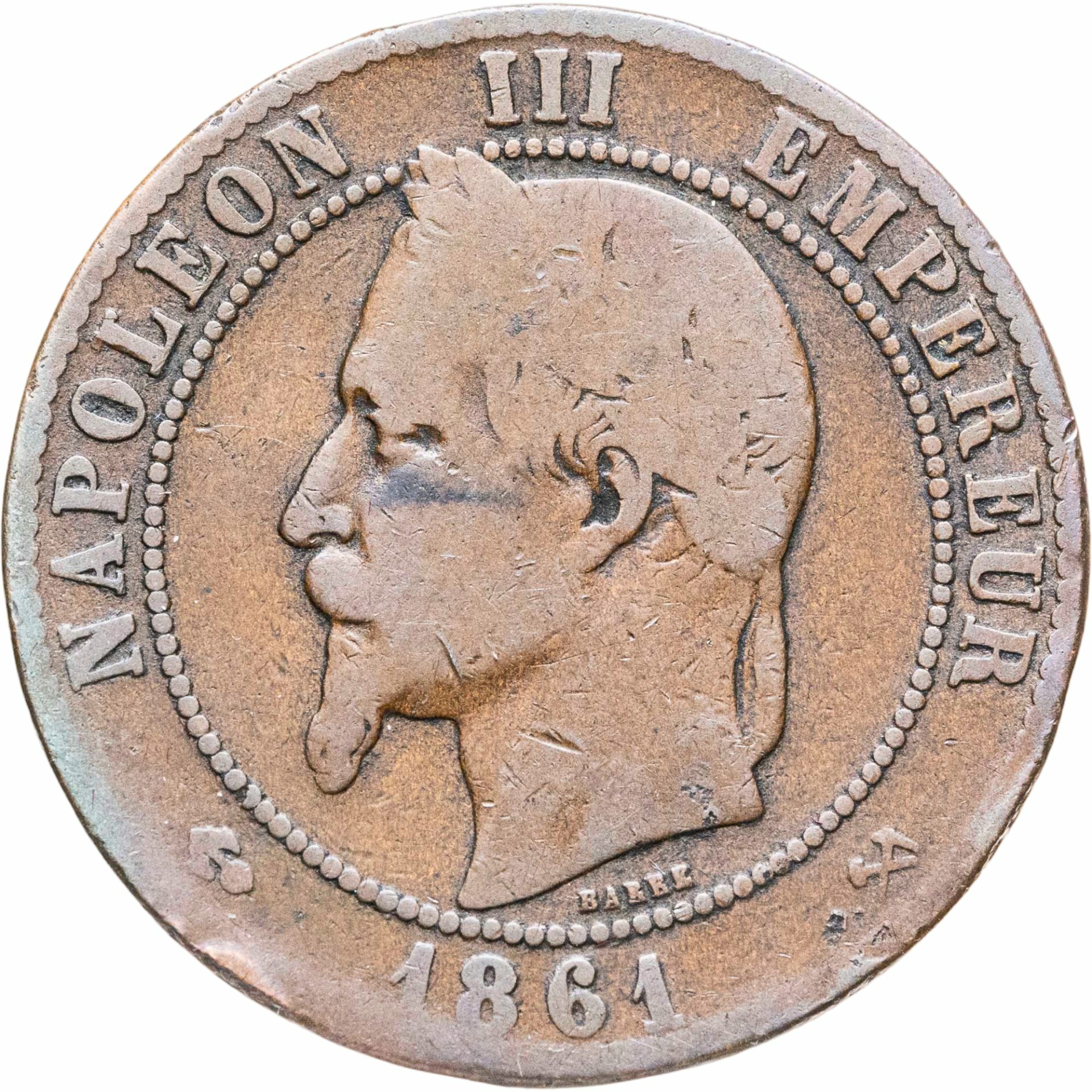 Франция 10 сантимов centimes 1861 K знак монетного двора: "K" - Бордо, Бронза, в сохранности F