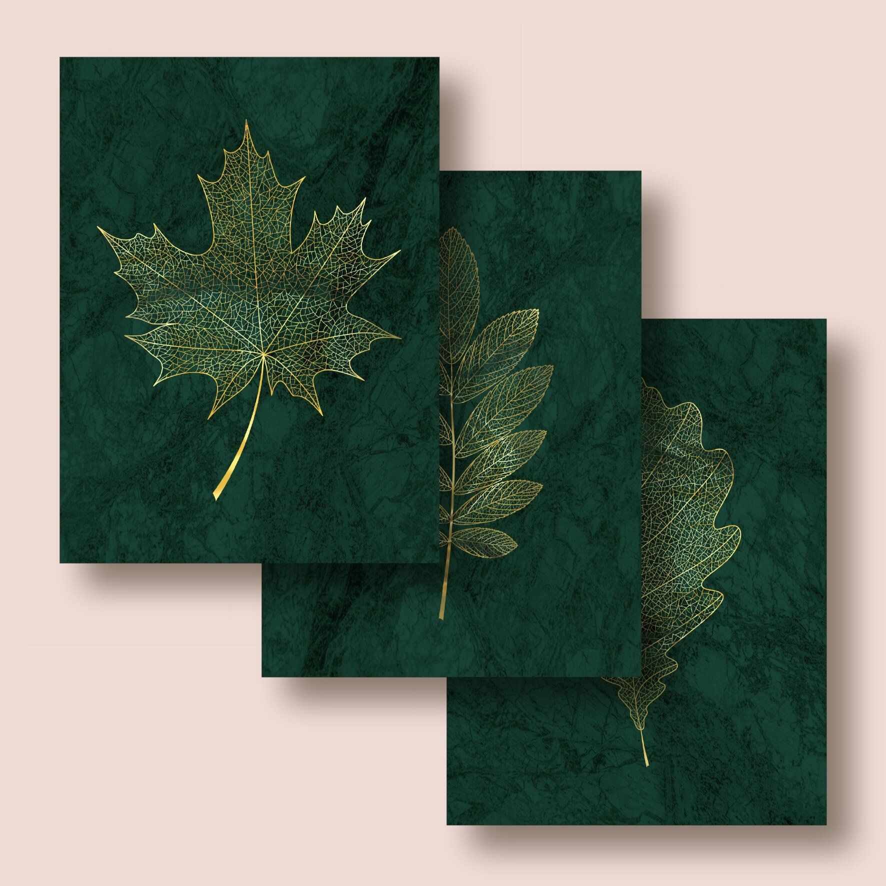 Постеры интерьерные золотые (3 штуки, 30х40 см). Картины /декор для дома / интерьерный коллаж. Листья