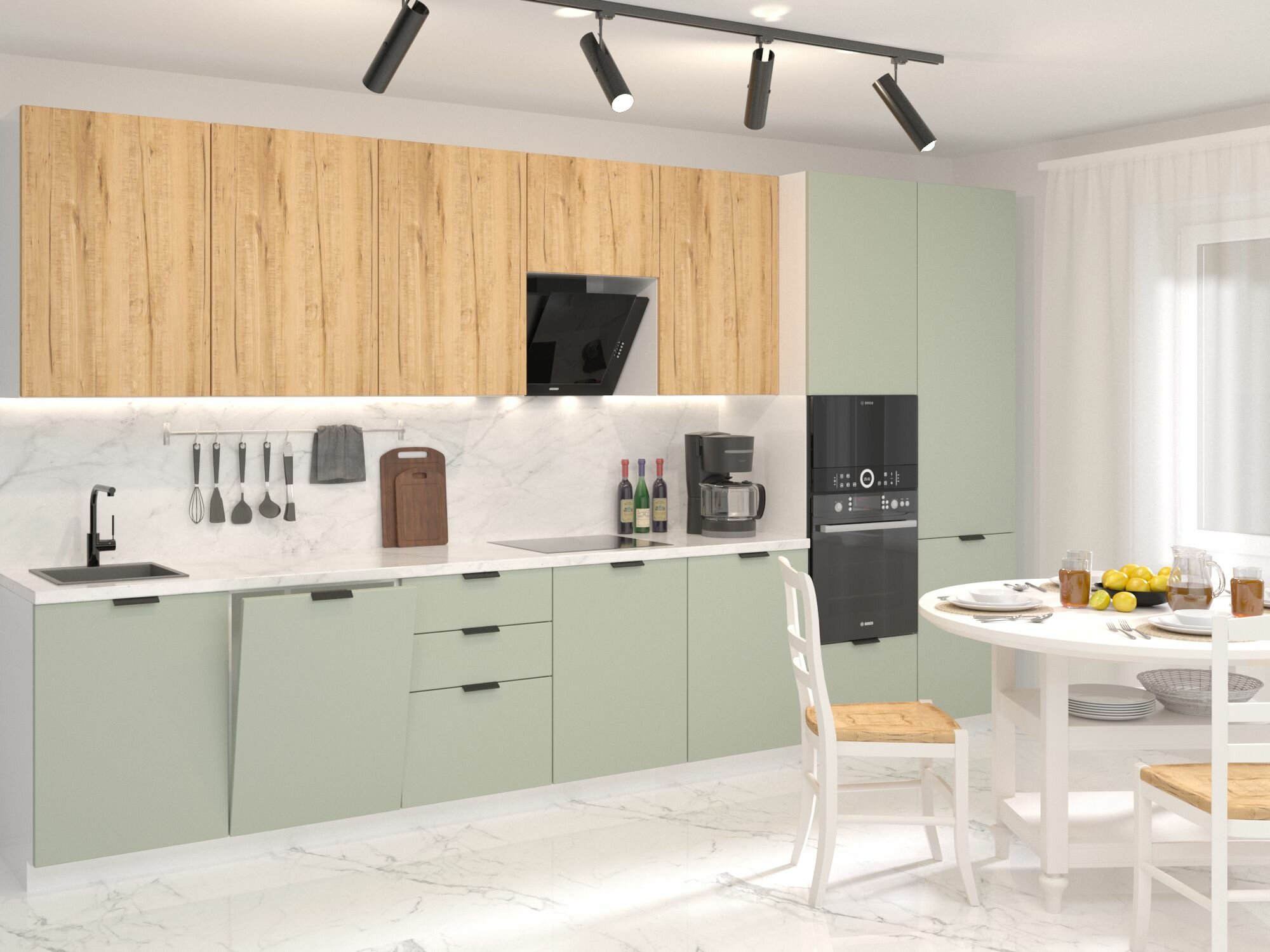 Кухонный гарнитур Фьюжн Зеленый матовый/ Флэт Вотан, 4200 мм