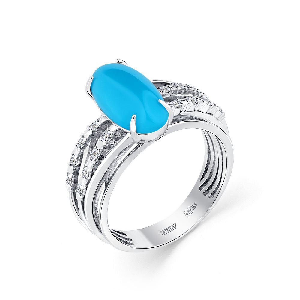 Кольцо, белое золото, 585 проба, бриллиант, бирюза