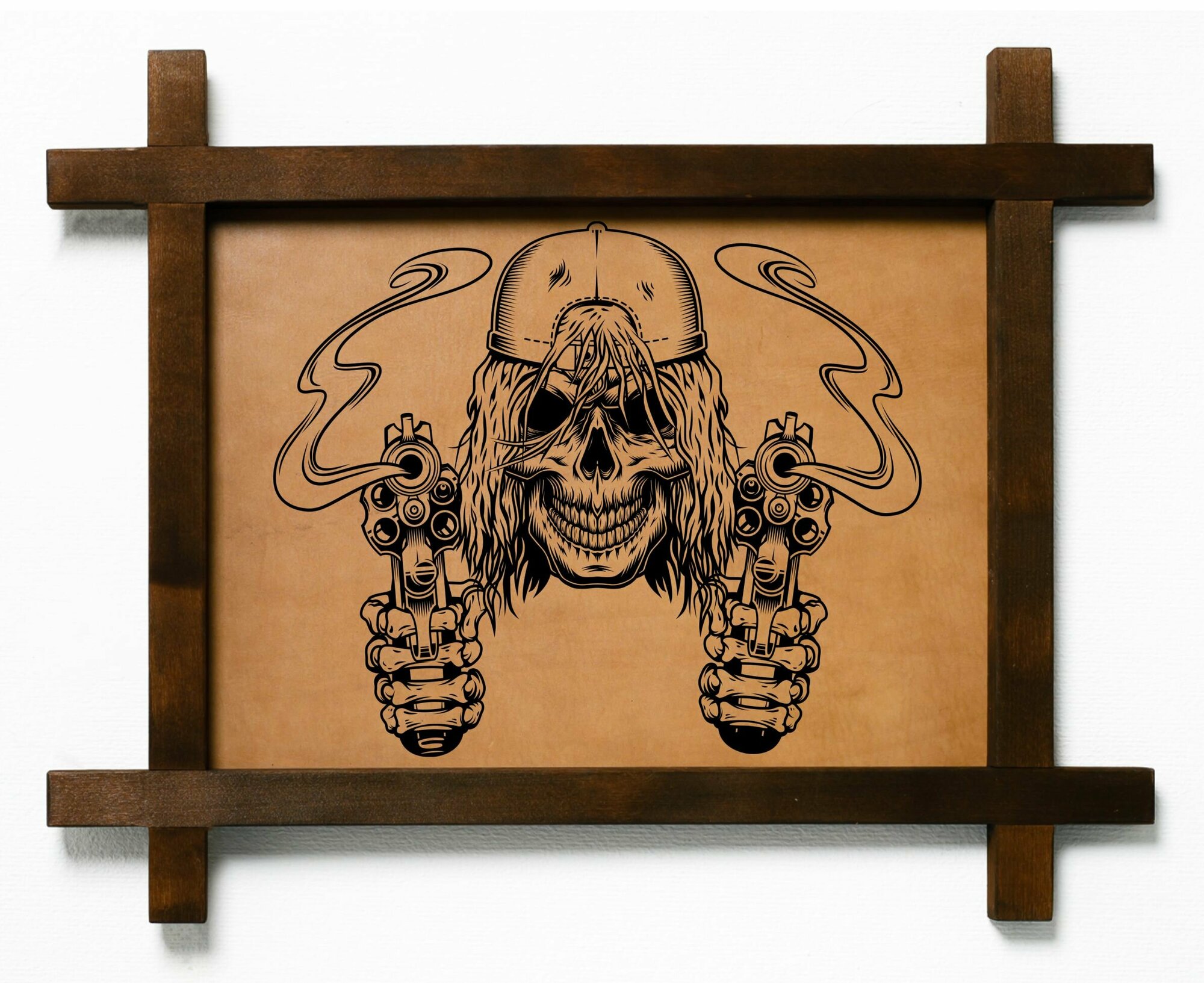 Картина интерьерная, натуральная кожа, "Череп в кепке", в деревянной раме, BoomGift