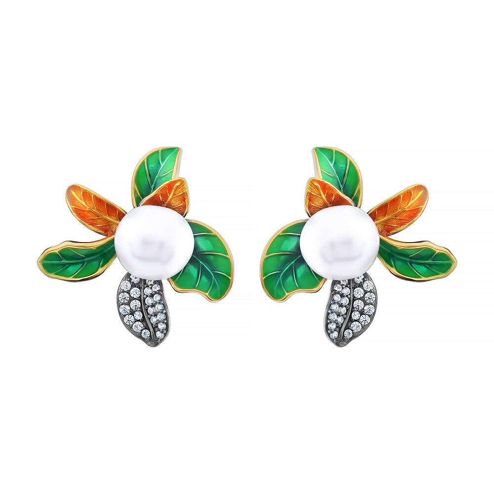 Серьги ELEMENT47, серебро, 925 проба, жемчуг, фианит, эмаль