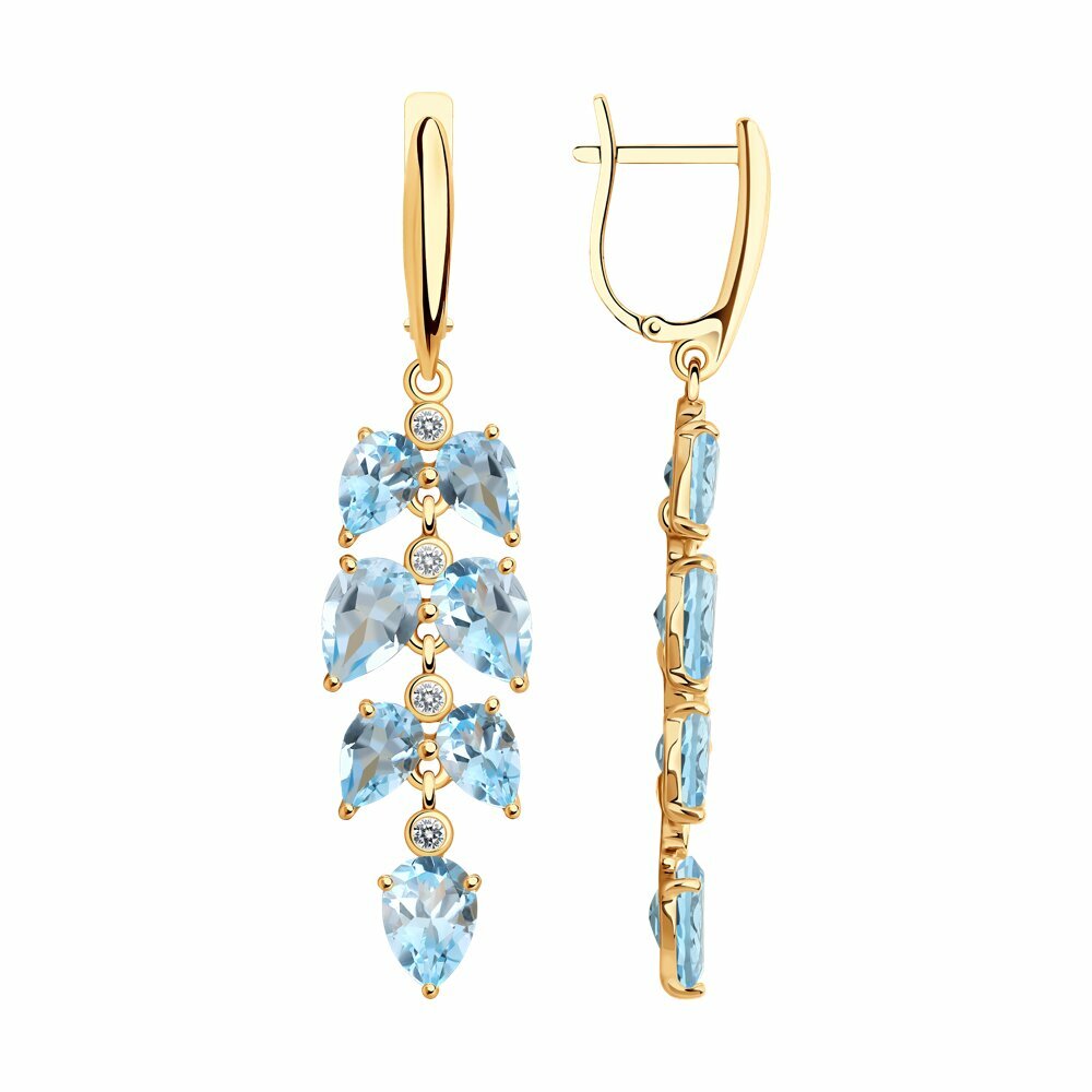 Серьги с подвесками, серебро, 925 проба, золочение, топаз, фианит