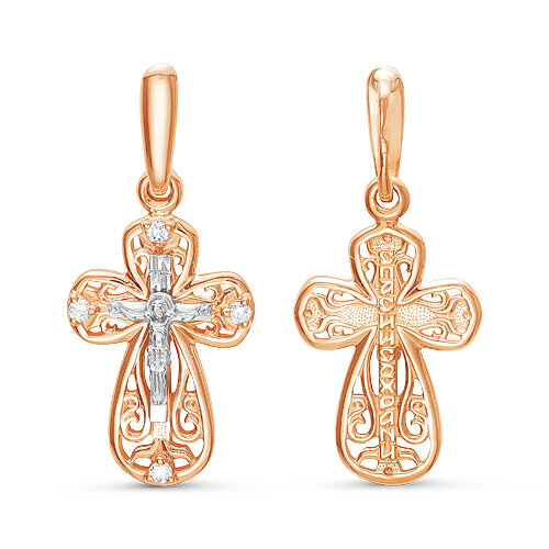 Крестик, комбинированное золото, 585 проба, бриллиант