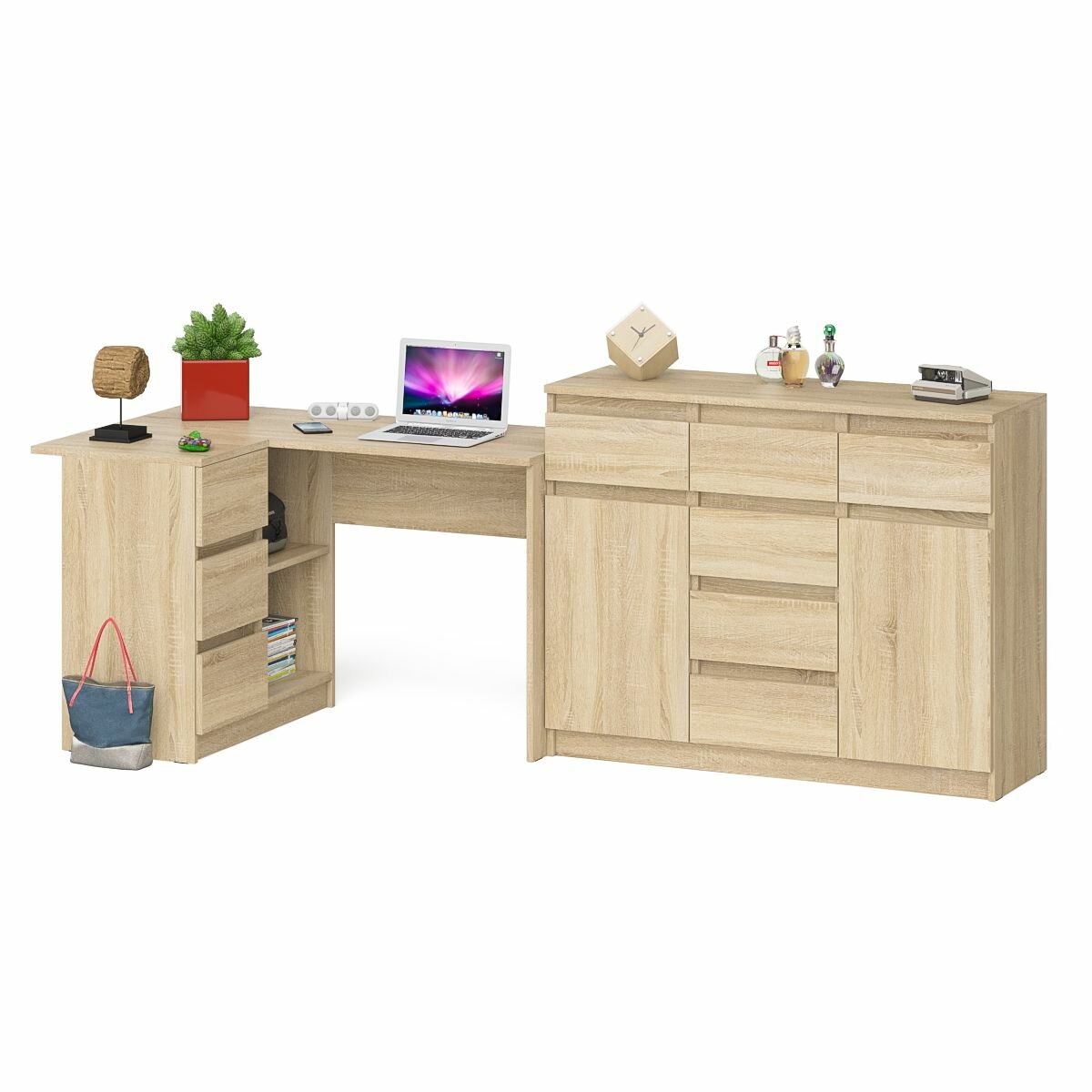 Тумба-комод СВК Мори 1200 с угловым компьютерным столом с тумбой слева цвет дуб сонома, 244,8х84,9х94 см.