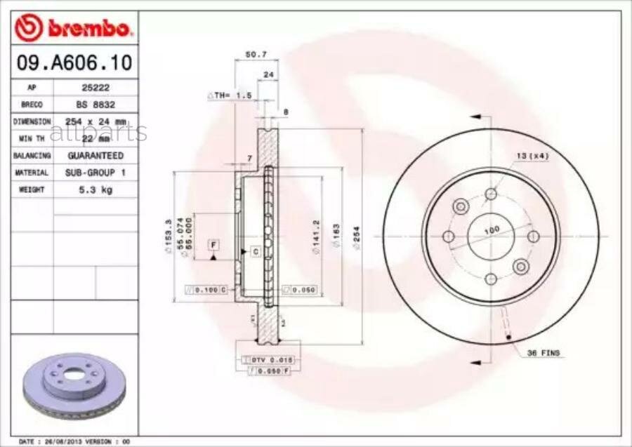 BREMBO 09. A606.10 Диск тормозной передн. KIA RIO Estate (DC) 08/00-02/05 / KIA RIO Saloon (DC_) 09/00-02/05