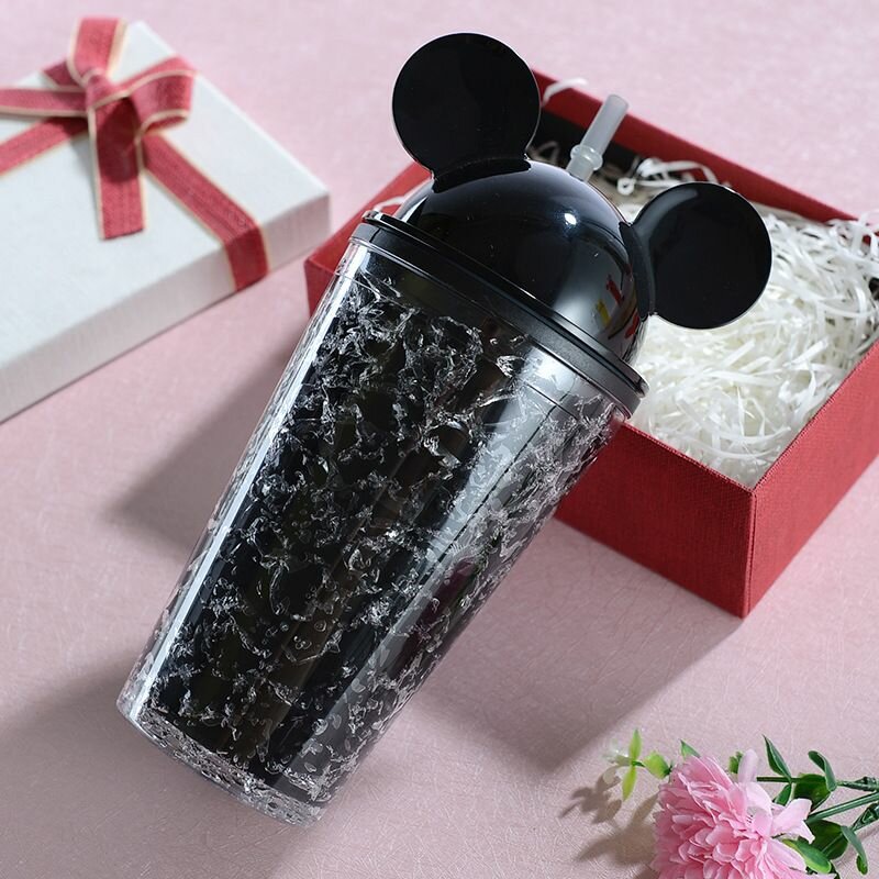 Стакан с ушками Мышь пластиковый с крышкой и трубочкой 450 мл черный