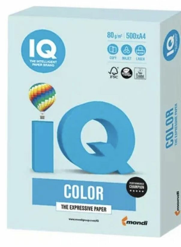 Бумага IQ Color 80г Pale BL29 (светло-голубой) офисная цветная 500л. для всех видов принтеров и творчества, в фирменной коробке Драйв Директ