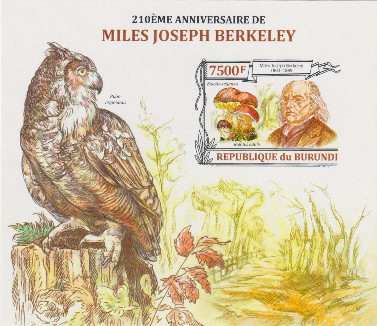 Почтовые марки Бурунди 2013г. "210 лет со дня рождения Майлза Джозефа Беркли" Ученые, Фауна, Флора MNH