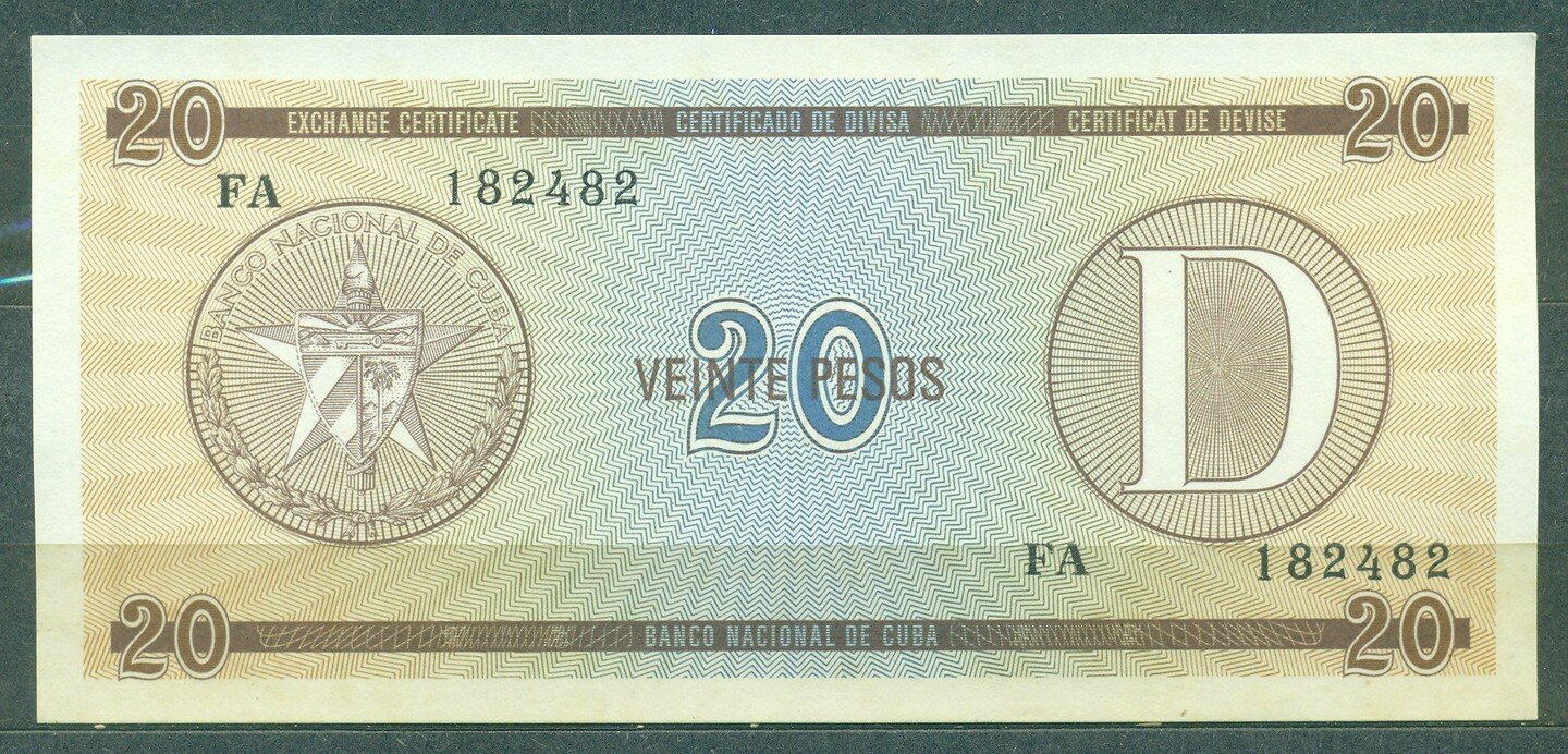 Купюра (бона) Куба 1958г. "VEINTE PESO - сертификат D" UNC