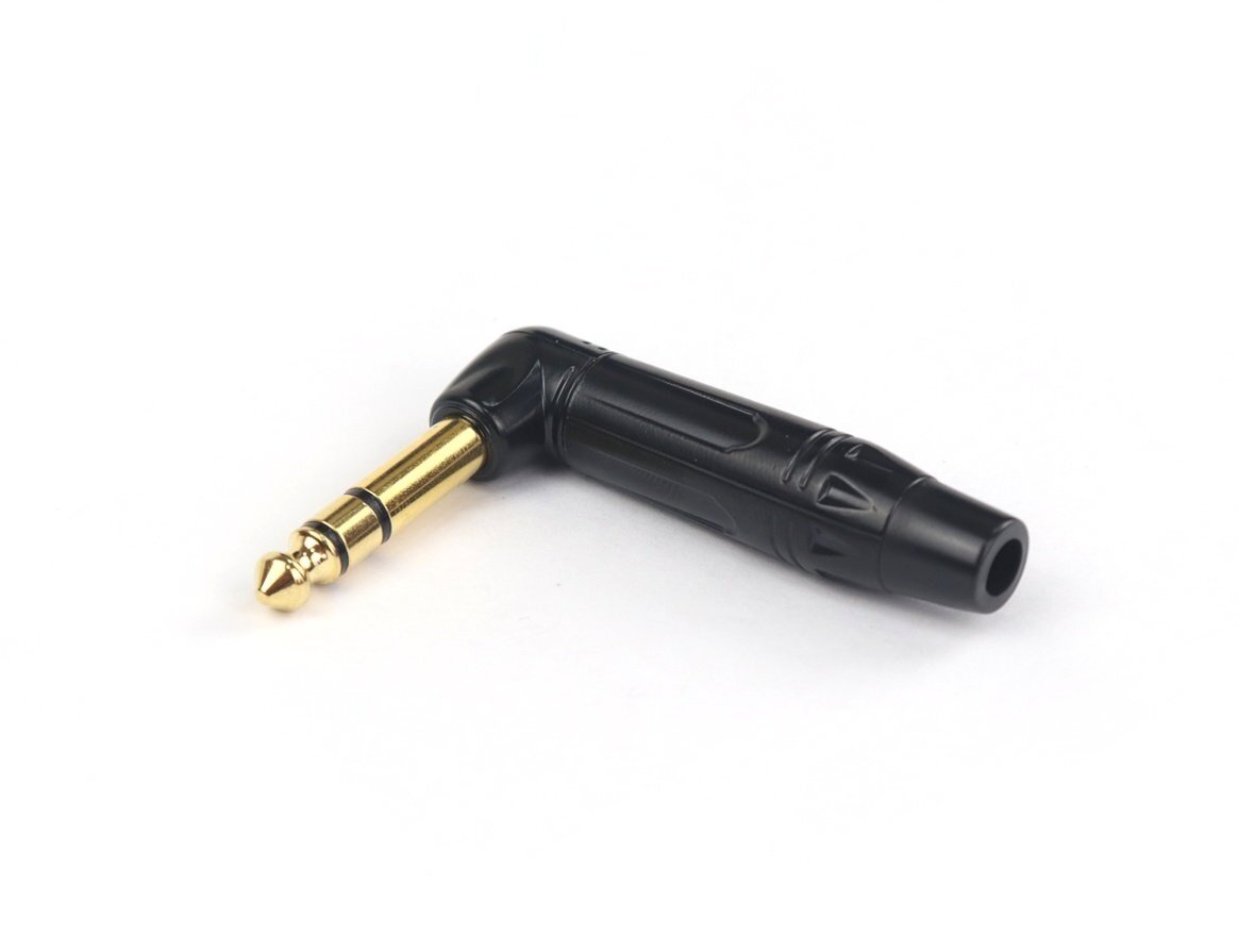 Кабельный разъем угловой Jack 6.3мм TRS (стерео) штекер, позолоченные контакты, черный, до 50 В, AuraSonics JMA3R-BG