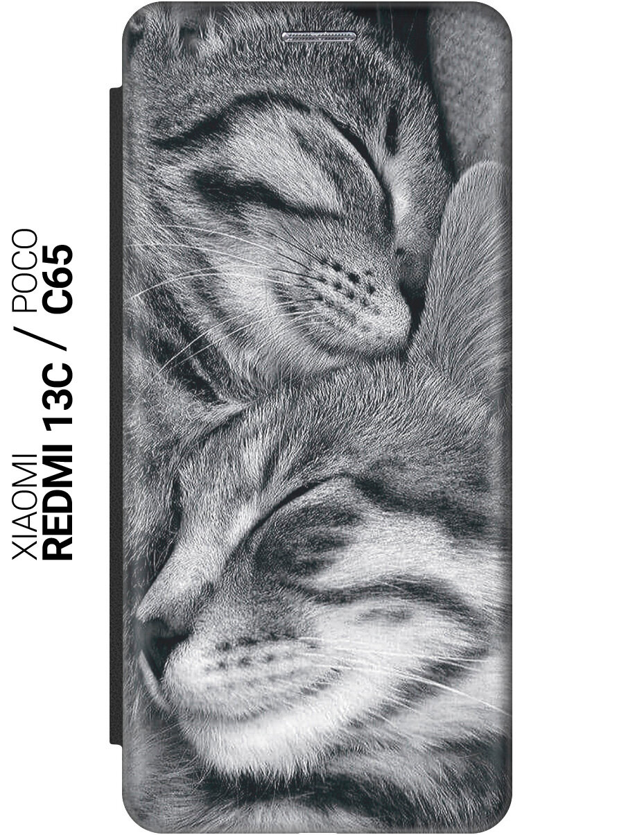 Чехол-книжка на Xiaomi Redmi 13C / Poco C65 / Сяоми Редми 13С / Поко С65 с рисунком "Милующиеся котики" черный