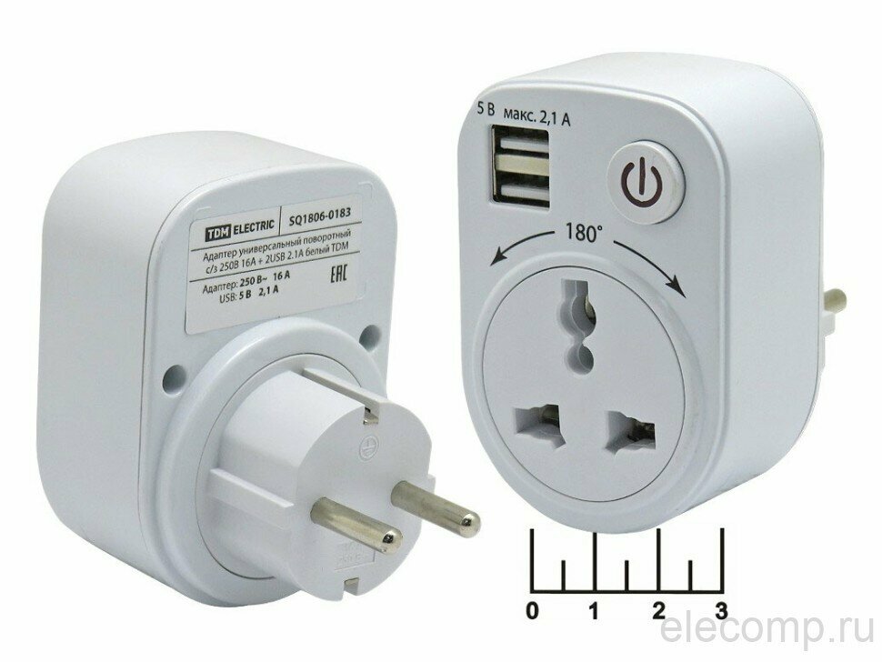 Переходник электрический с выключателем 16A с землей + 2USB 5V 2.1A TDM SQ1806-0183 белый