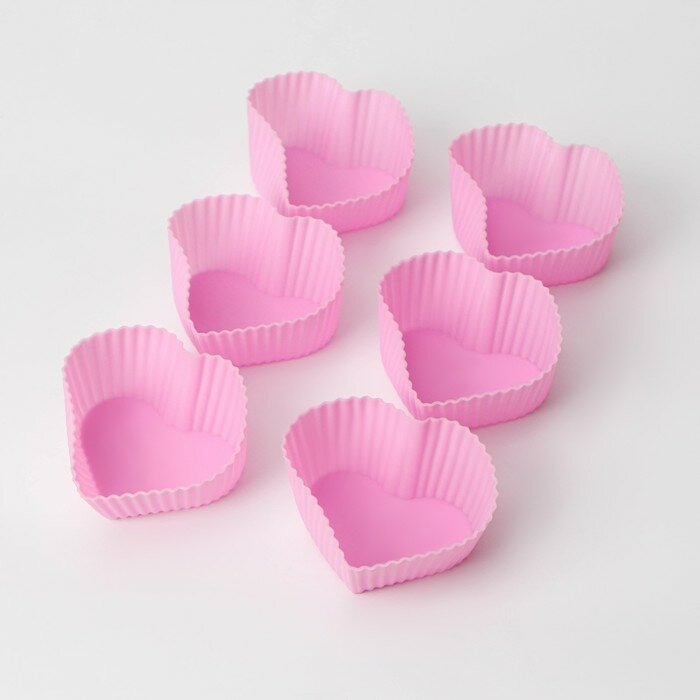 Набор силиконовых форм для выпечки «Риб-Сердце», 6 шт, 7×3×6 см, цвет розовый