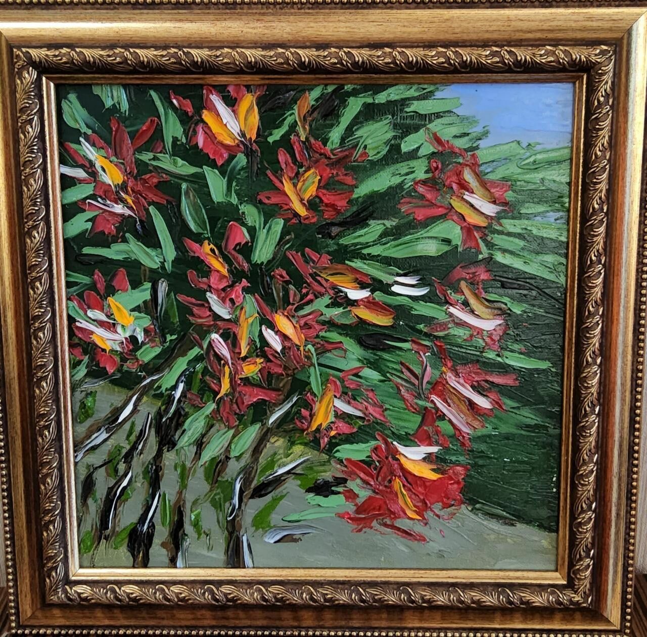 Картина в раме. Миляева Нина "Куст бузины", холст, масло, 30x30. Авторская живопись.