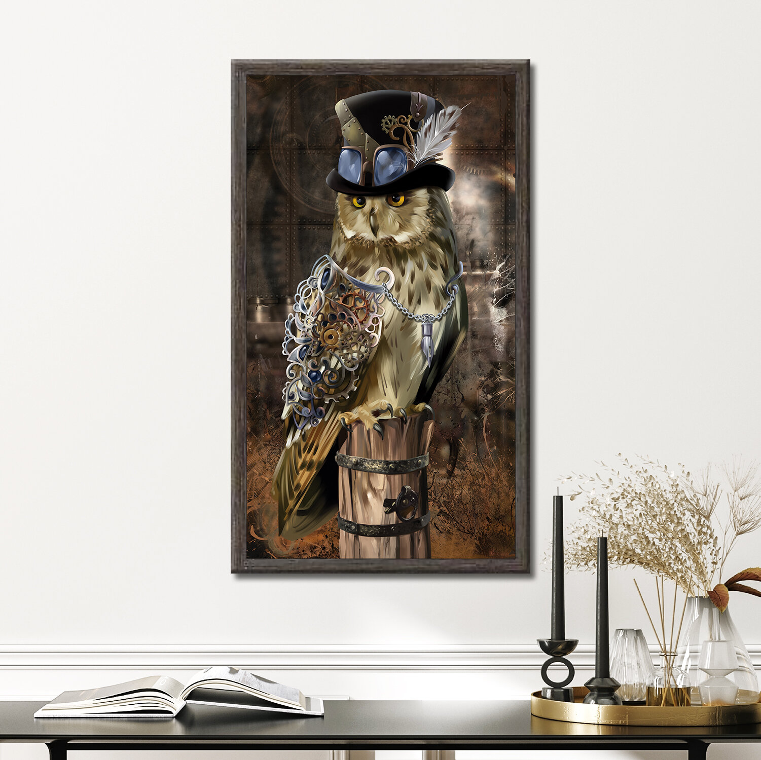 Картина на стену для интерьера "Сова", 20х33 см, вертикальная, в раме, в стиле стим-панк, с совой/Графис