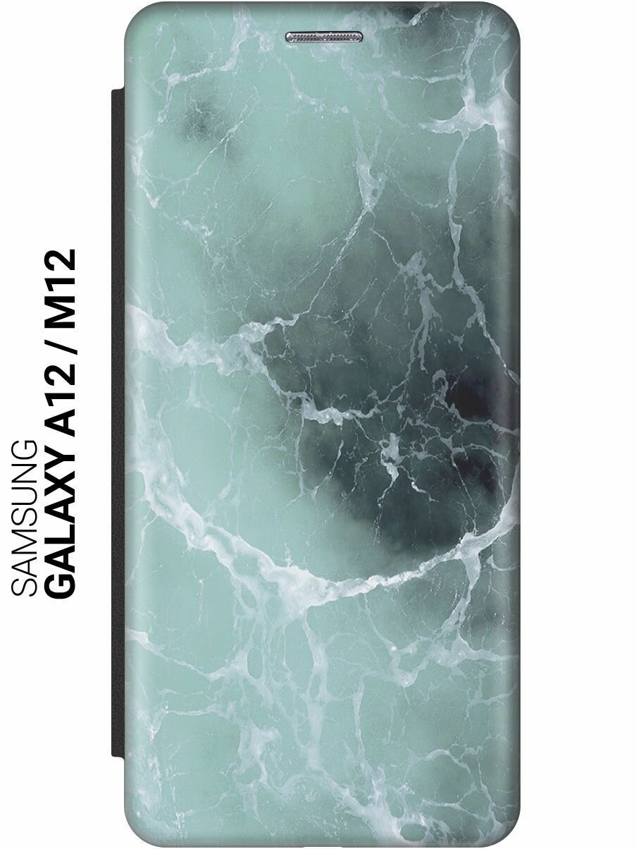 Чехол-книжка на Samsung Galaxy A12, M12, Самсунг А12, М12 с 3D принтом "Лазурный океан" черный