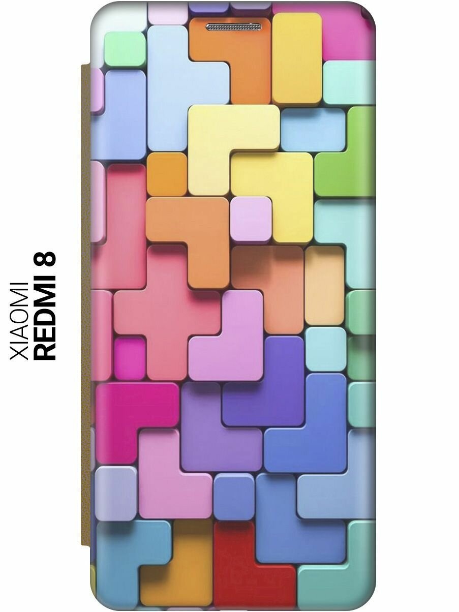 Чехол-книжка на Xiaomi Redmi 8, Сяоми Редми 8 с 3D принтом "Паттерн из блоков" золотой
