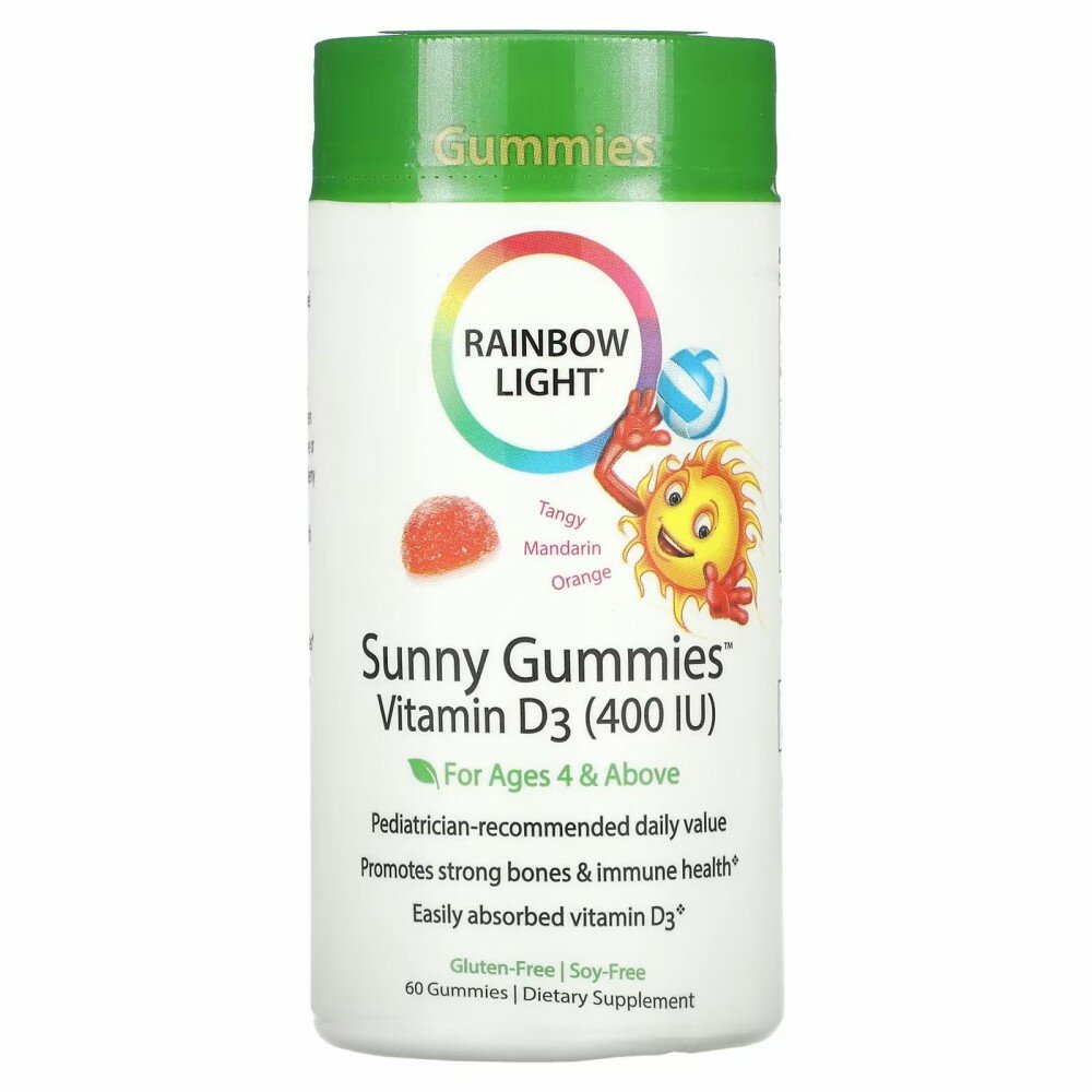 Rainbow Light, Sunny Gummies ™, витамин D3, для детей от 4 лет, насыщенный мандаринский апельсин, 10 мкг (400 МЕ), 60 жевательных таблеток