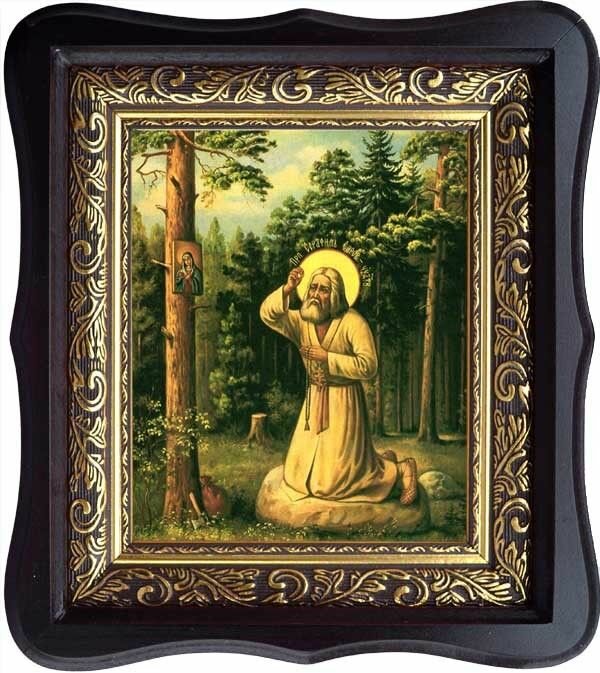 Моление на камне Преподобного Серафима Саровского. Икона на холсте.