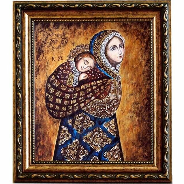 Колыбельная (Несущая в платке) икона Божьей Матери на холсте. (15 х 18 см / В раме)