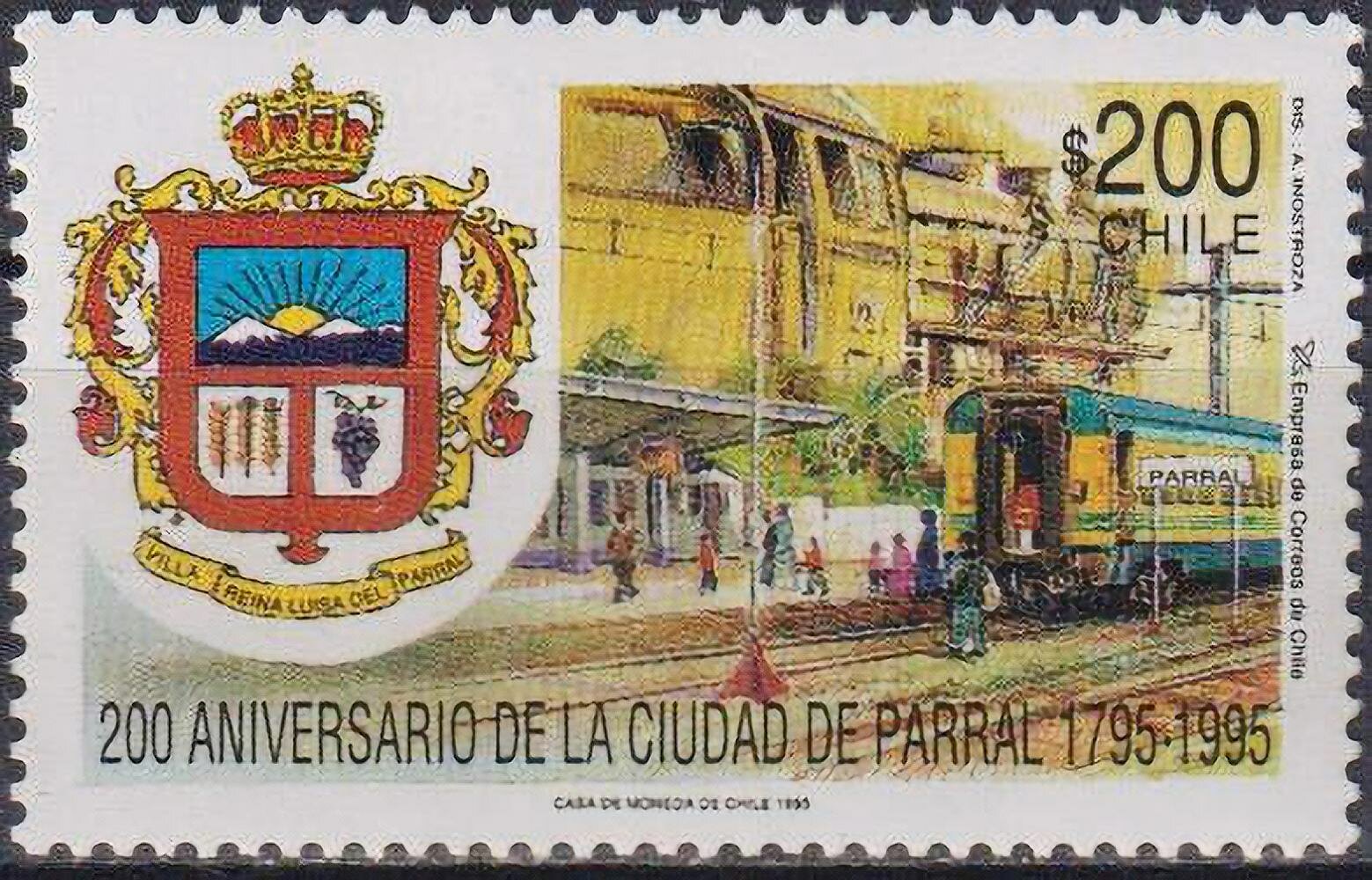 Почтовые марки Чили 1995г. "200 лет Парралю" Гербы, Поезда MNH